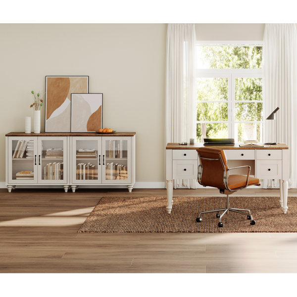 Alcott Hill® 2 - Piece Office Set, 56" Executive Desk & Set Of 2 Cabinets With Glass Door ...